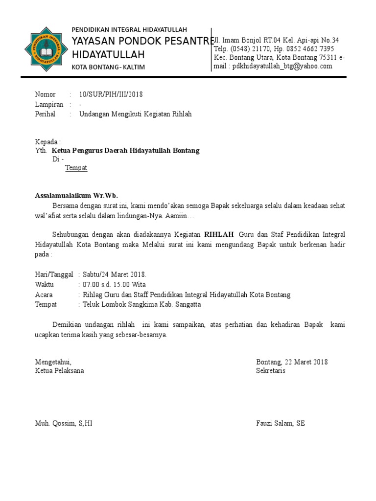 Undangan Kegiatan Rihlah Hidayatullah | PDF