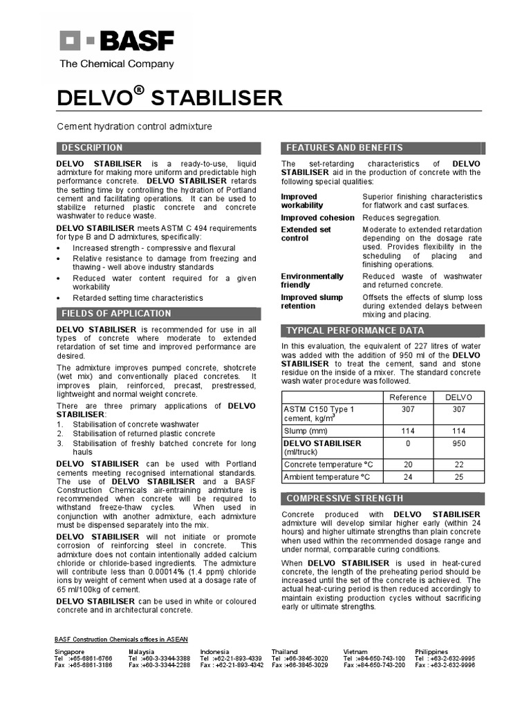 Delvo Stabiliser: Cement Hydration Control Admixture | PDF | Concrete ...