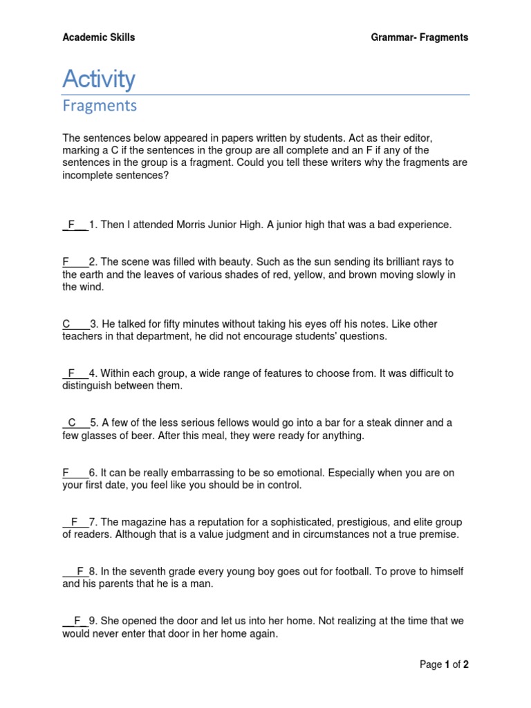 Identifying Sentence Fragments | PDF | Language Arts & Discipline ...