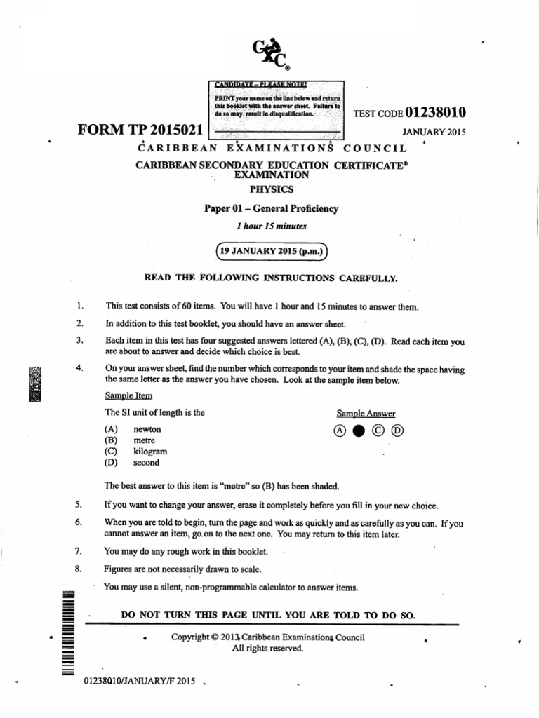 CSEC Physics January 2015 P1 PDF | PDF | Force | Light