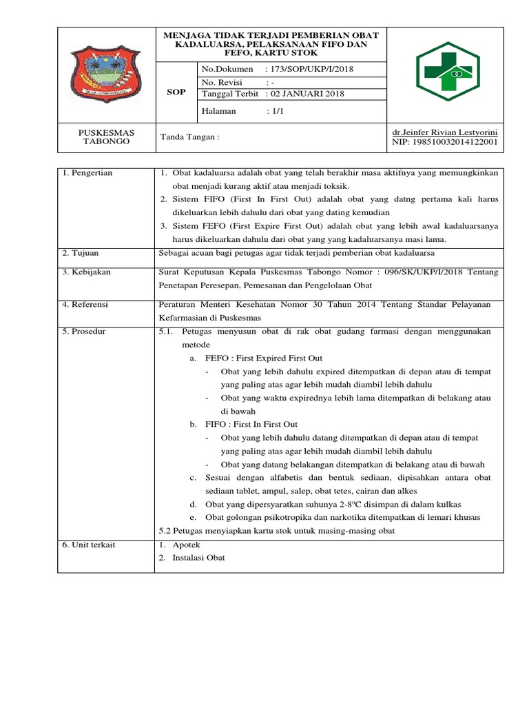 Sop - Menjaga Tidak Terjadinya Pemberian Obat Kadaluarsa, Fifo Dan Fefo ...
