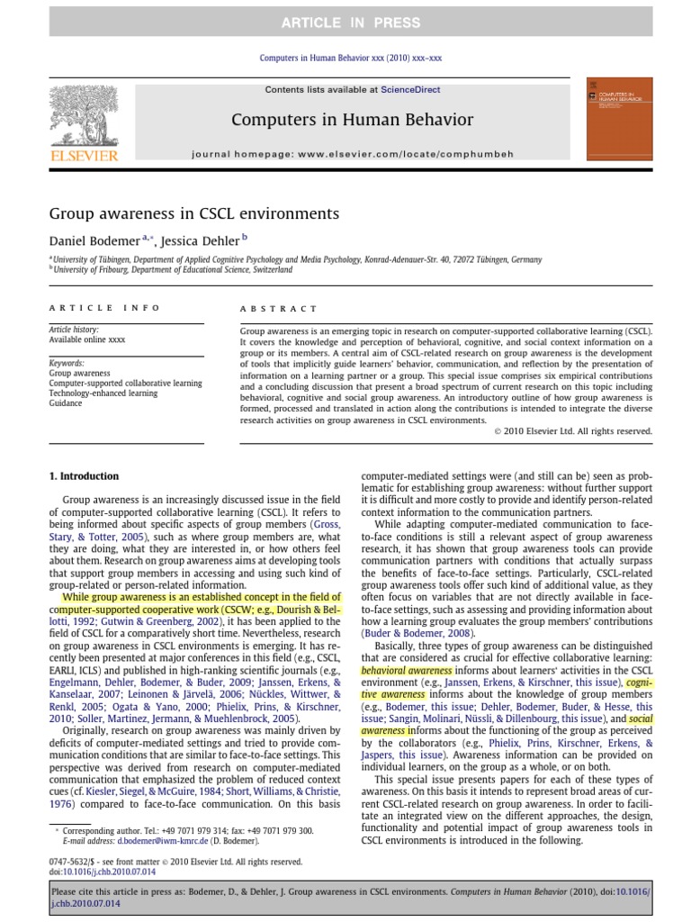 Group Awareness in CSCL Environments | PDF | Awareness | Social Group