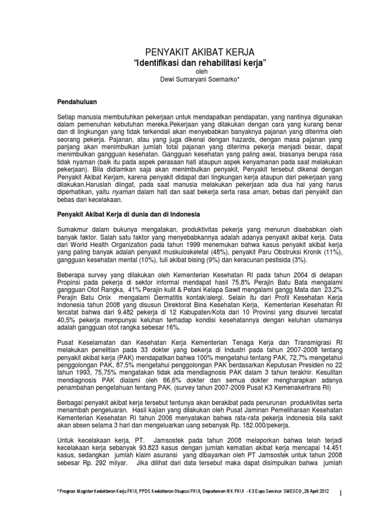 Makalah Di k3 Expo Seminar Smesco Dk3n April 2012 Penyakit Akibat Kerja Identifikasi Dan | PDF