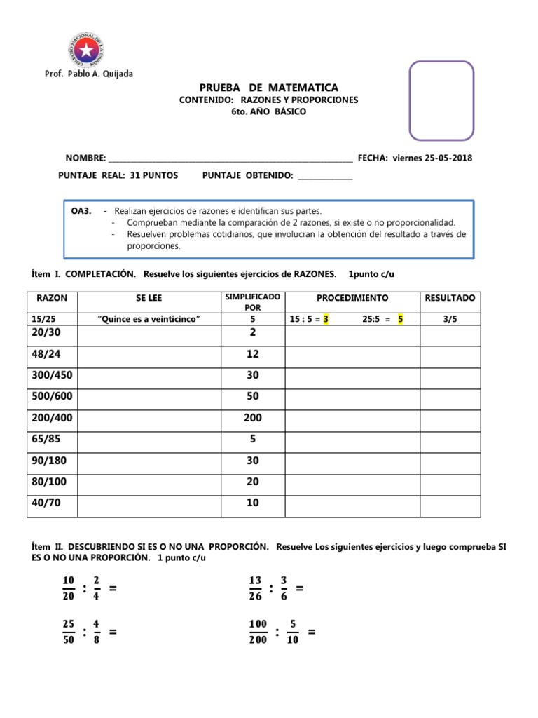 Prueba Razones y Proporciones 6 Basico | PDF | Enseñanza de matemática