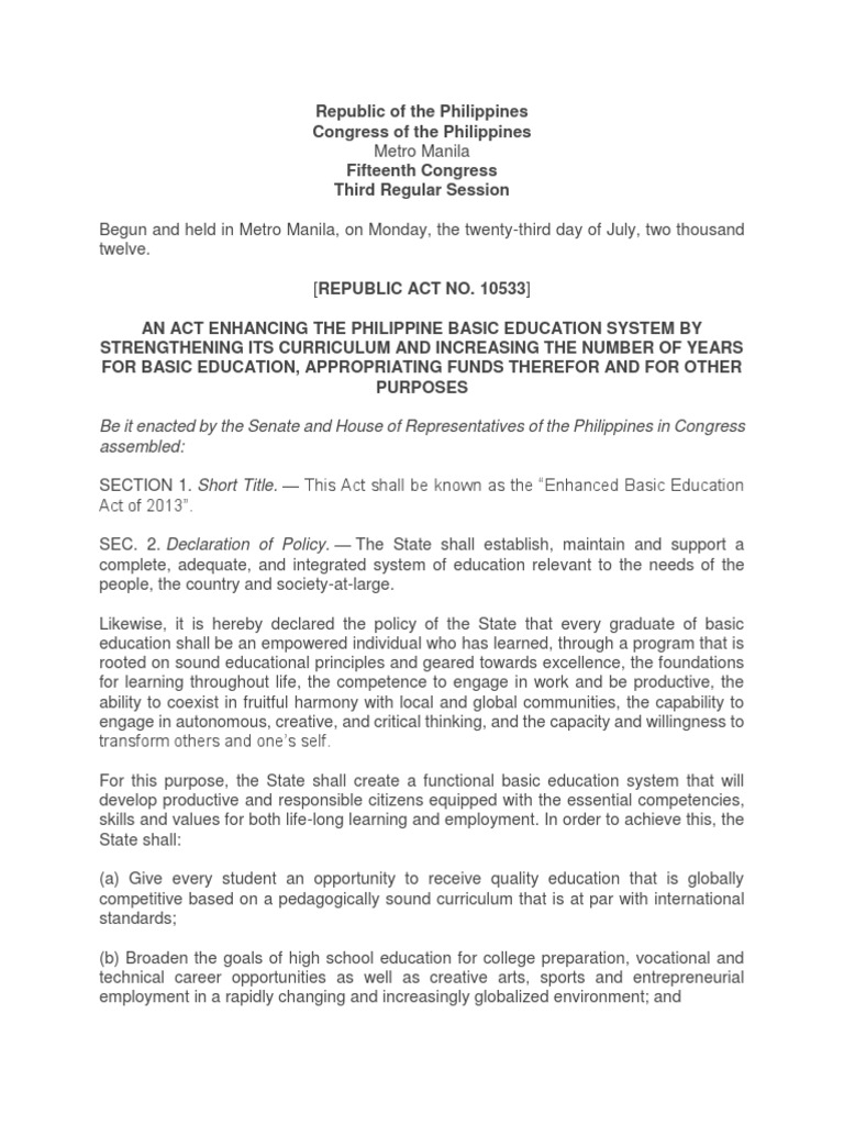 Enhanced Basic Education Act of 2013 | PDF | Curriculum | Secondary ...