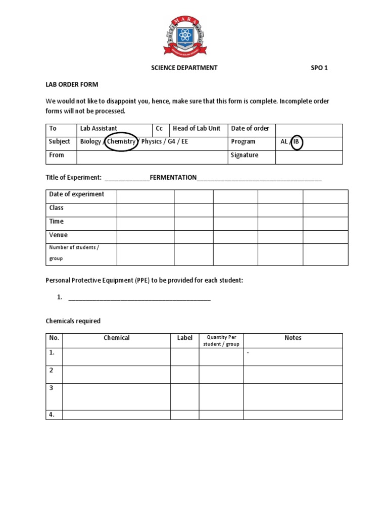 Science Department Spo 1 Lab Order Form: Number of Students / Group | PDF