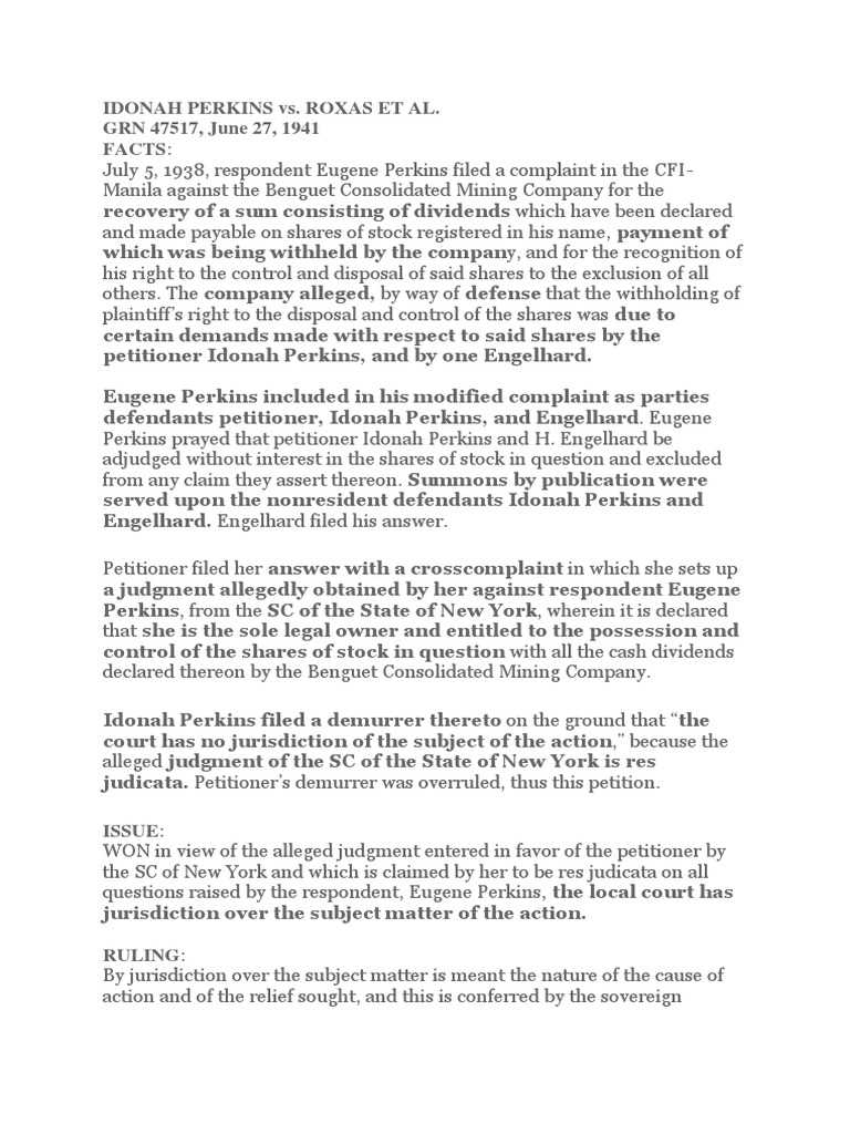 Idonah Perkins V Roxas | PDF | Judgment (Law) | Complaint