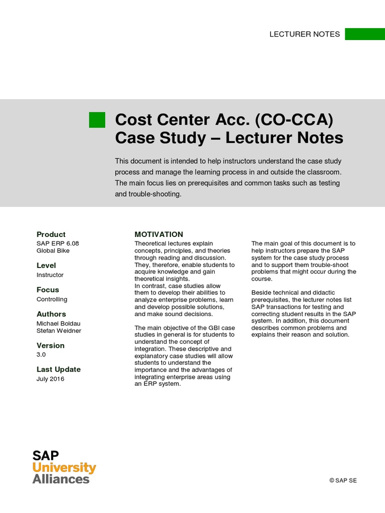 Cost Center Acc. (CO-CCA) Case Study - Lecturer Notes: Product ...