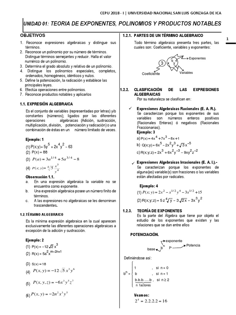 Modulo 2018-Algebra-CEPU-ICA-PERU | PDF | Exponenciación | Polinomio