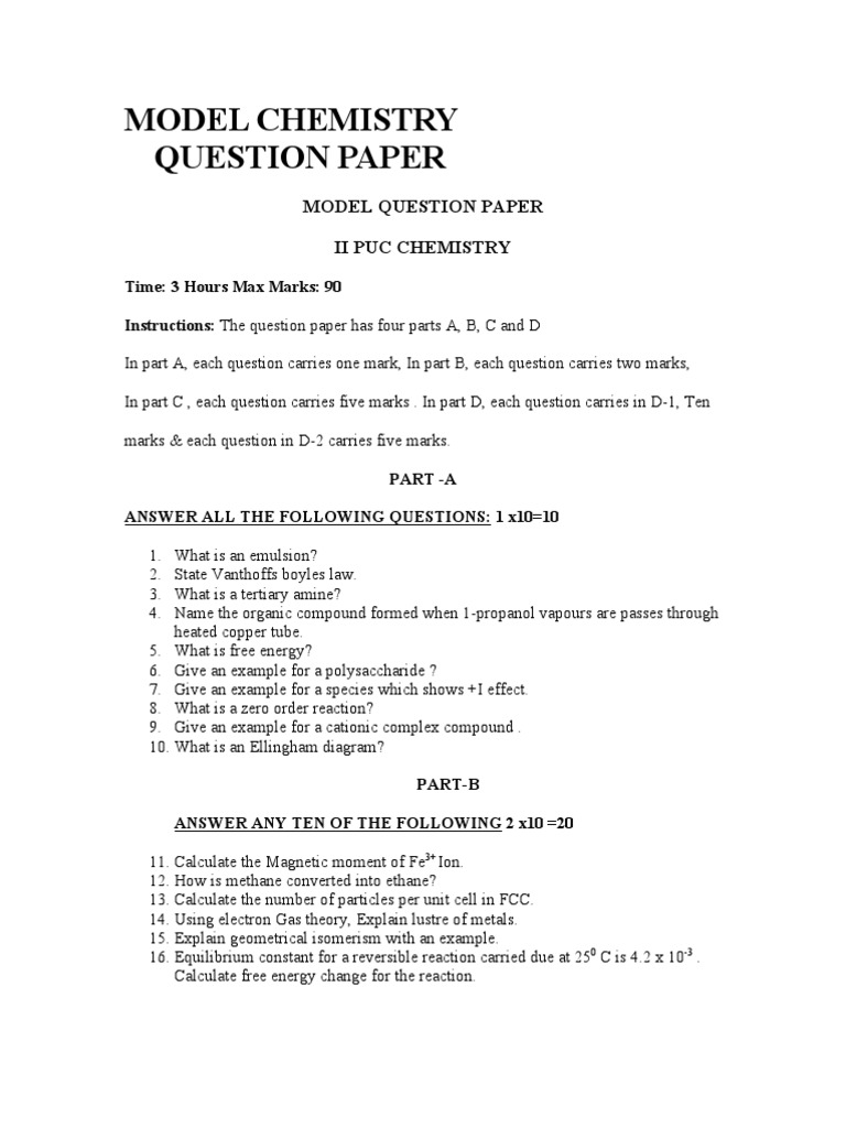 Model Question Paper Chemistry | PDF | Chemical Reactions | Solution