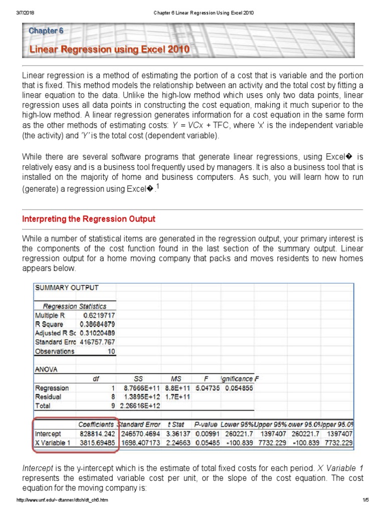 Chapter 6 Linear Regression Using Excel 2010-GOOD | PDF | Regression Analysis | Linear Regression