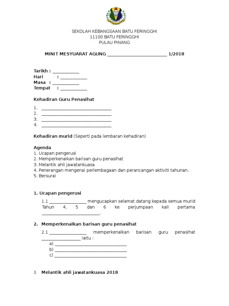 Template Minit Mesyuarat Agung Unit Kokurikulum 2018 | PDF