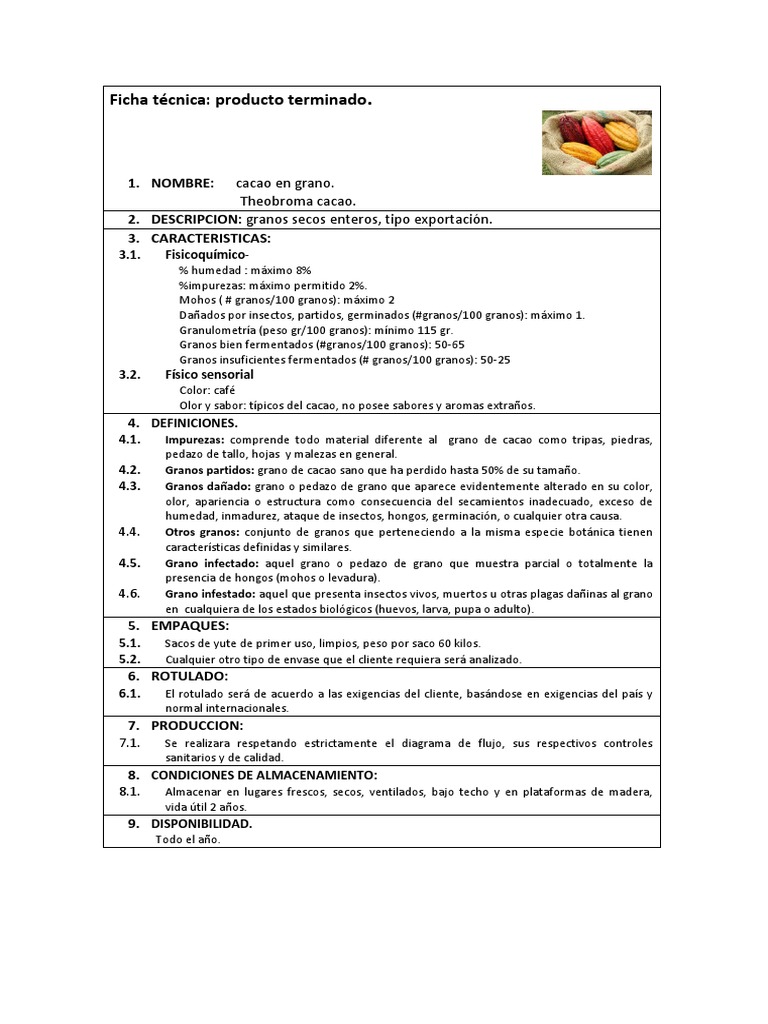 Ficha Tecnica Cacao en Grano VVVVV | PDF Ficha Tecnica Cacao en Grano VVVVV | PDF