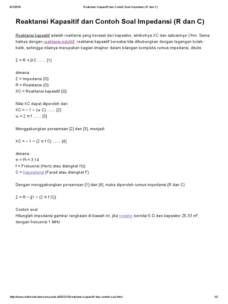 Reaktansi Kapasitif Dan Contoh Soal Impedansi (R Dan C) | PDF