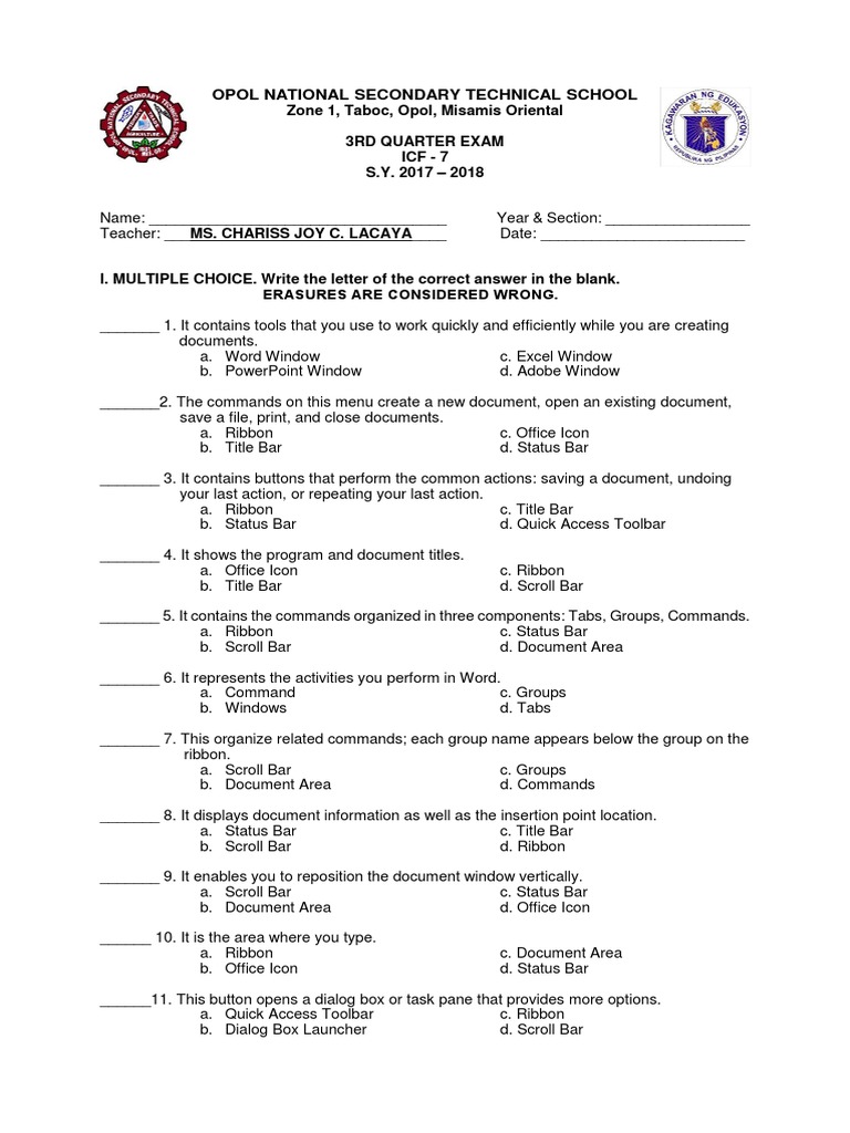 Icf Grade 7 3rd Quarter Exam | PDF | Microsoft Word | System Software Icf Grade 7 3rd Quarter Exam | PDF | Microsoft Word | System Software