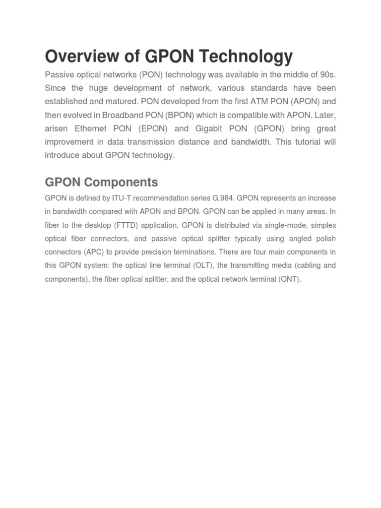 Overview of GPON Technology | PDF | Optical Fiber | Physical Layer Protocols