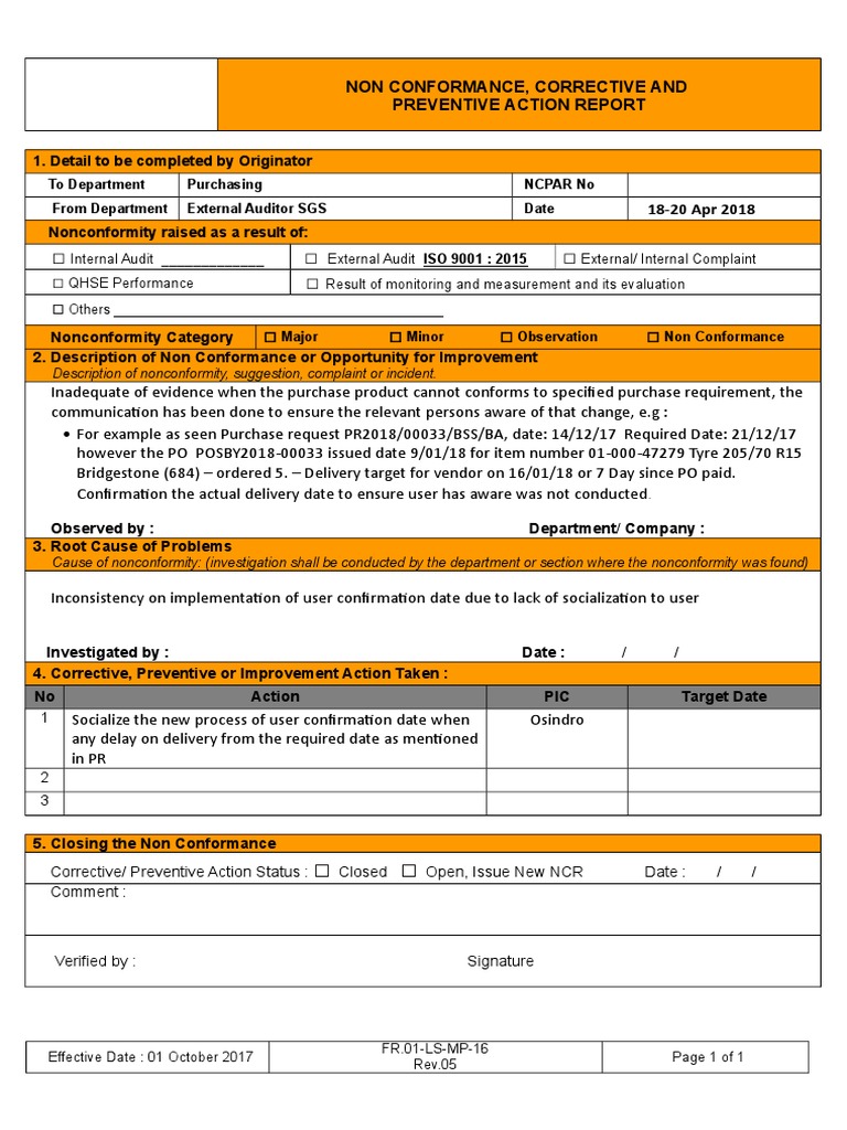 Non Conformance, Corrective and Preventive Action Report | PDF | Iso ...
