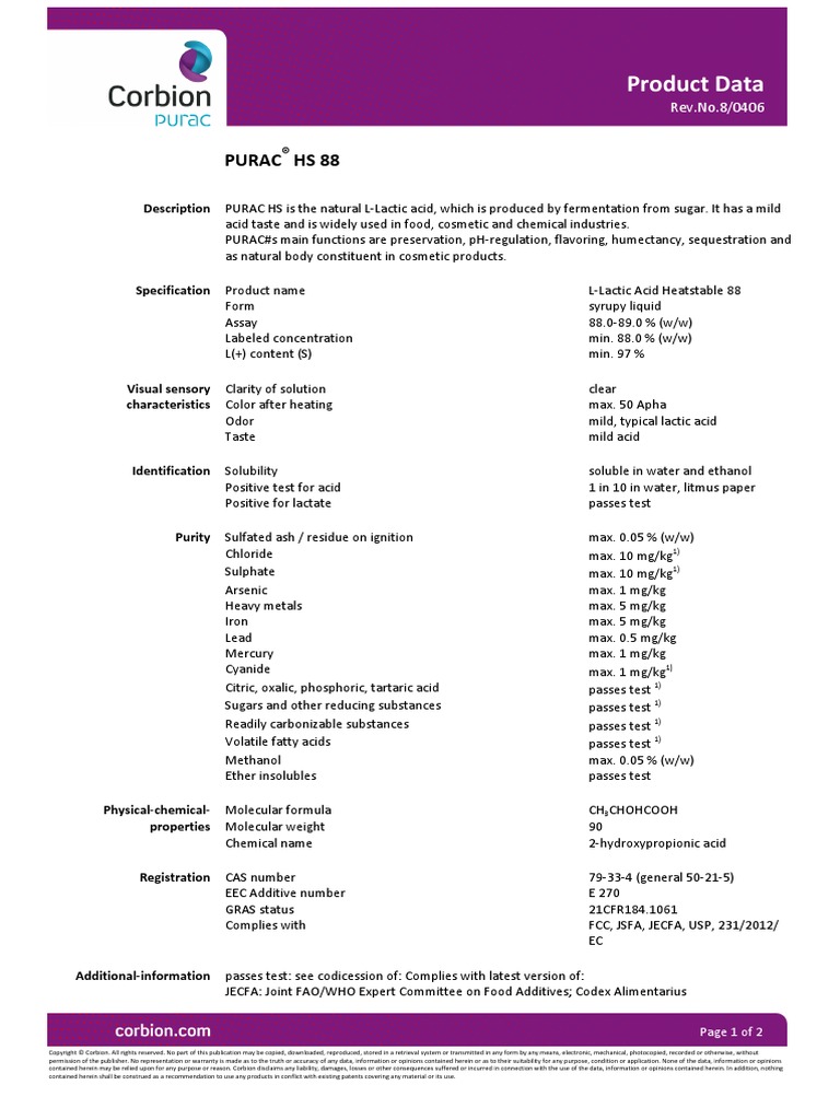 Pds-Purac Hs 88 (0406) | PDF | Lactic Acid | Magnesium