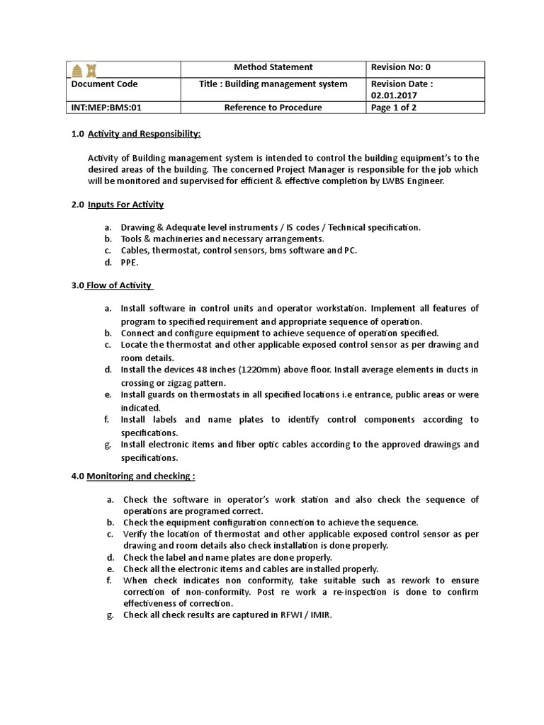 1.method of Statement - BMS - R0 | PDF | Specification (Technical ...