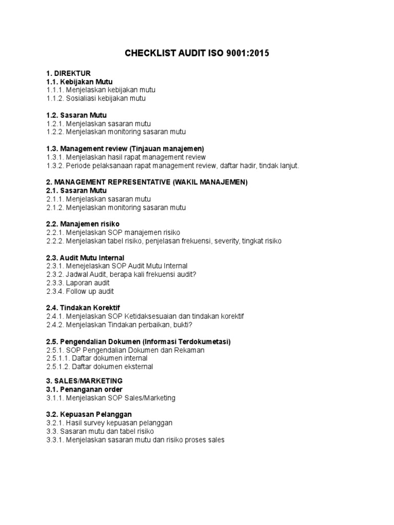 Checklist Audit Iso 9001 | PDF