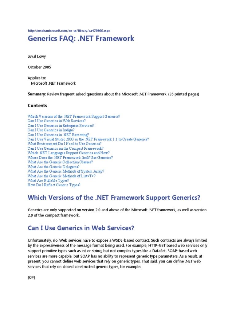 Generics FAQ .NET Framework | PDF | C Sharp (Programming Language ...