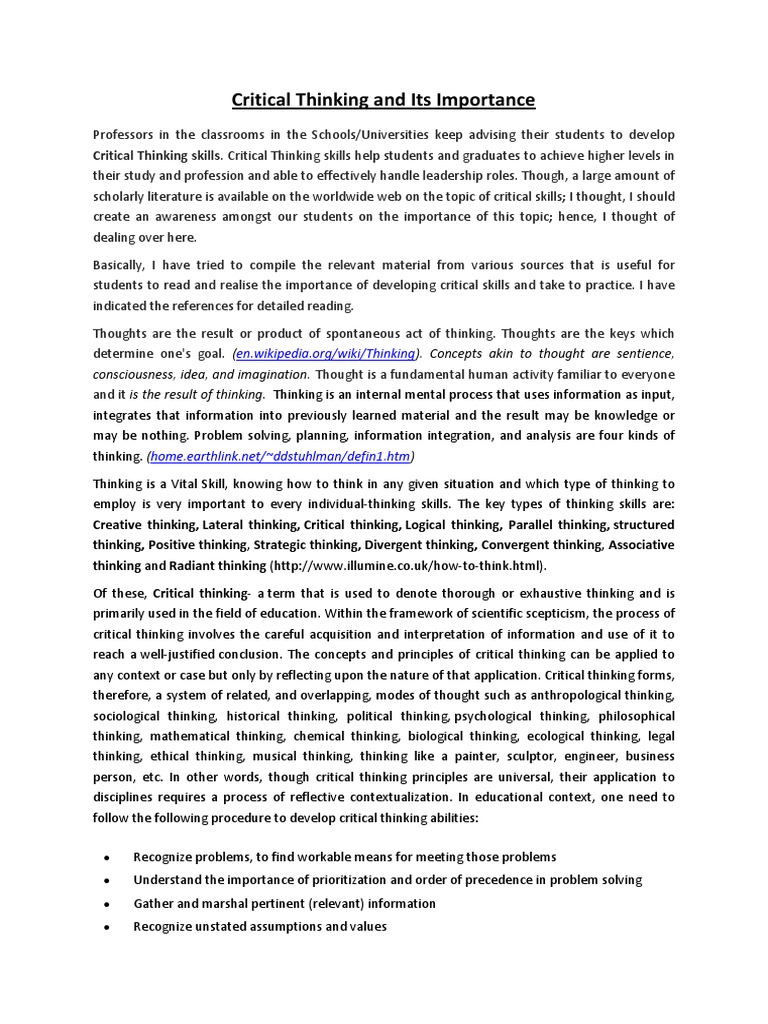 Critical Thinking and Its Importance | PDF | Critical Thinking | Thought