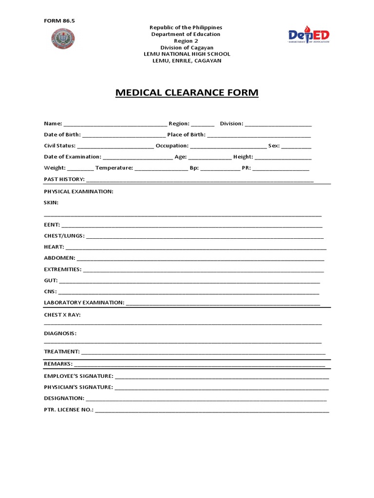 Medical Clearance Form | PDF | Physical Examination | Clinical Medicine