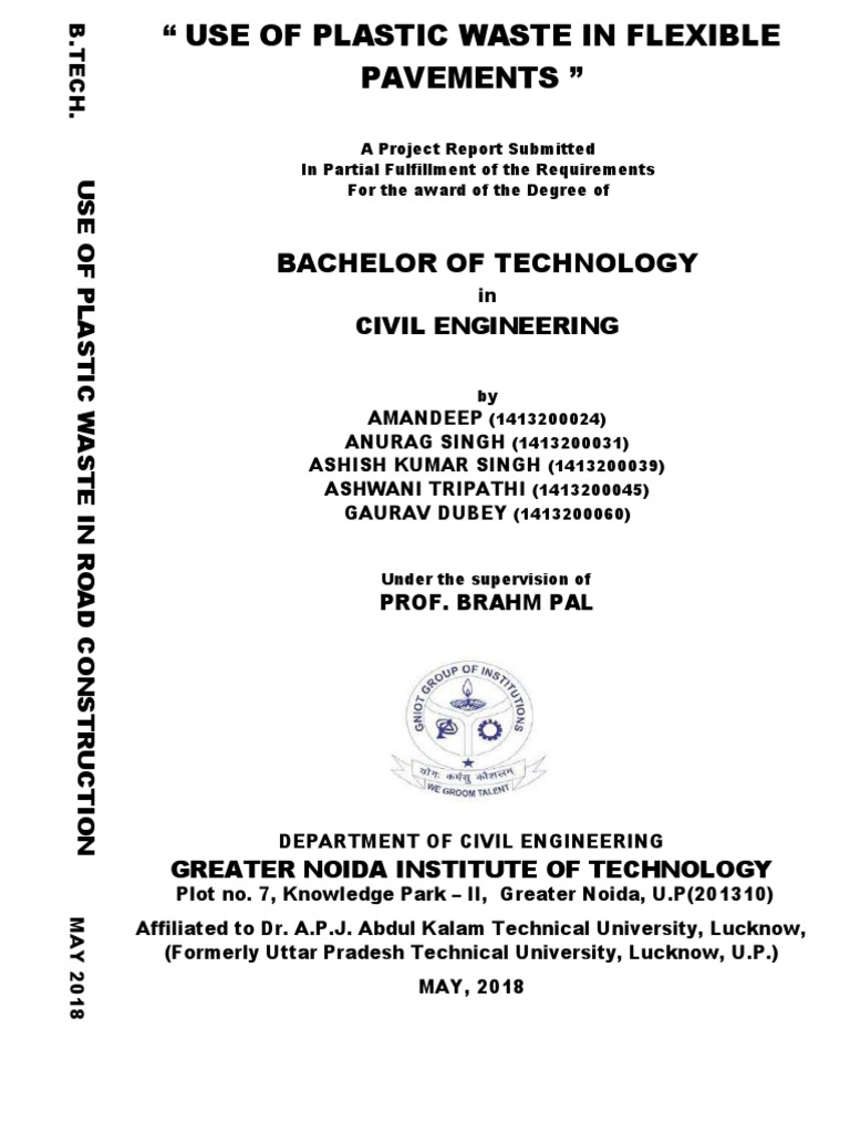 Final Year Project On USE OF PLASTIC WASTE IN FLEXIBLE PAVEMENTS | PDF