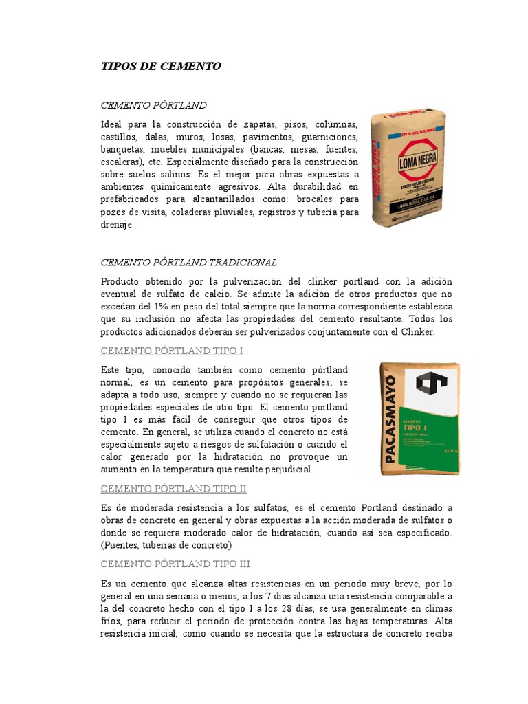 Tipos y Usos Del Cemento | PDF | Cemento | Materiales