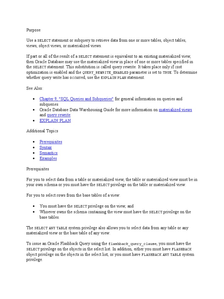 Chapter 9, "SQL Queries and Subqueries" Materialized Views Query Rewrite Explain Plan | PDF ...
