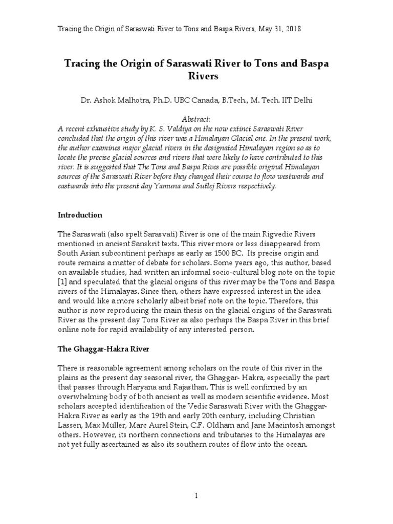 Tracing The Origin of Saraswati River To Tons and Baspa Rivers | PDF ...
