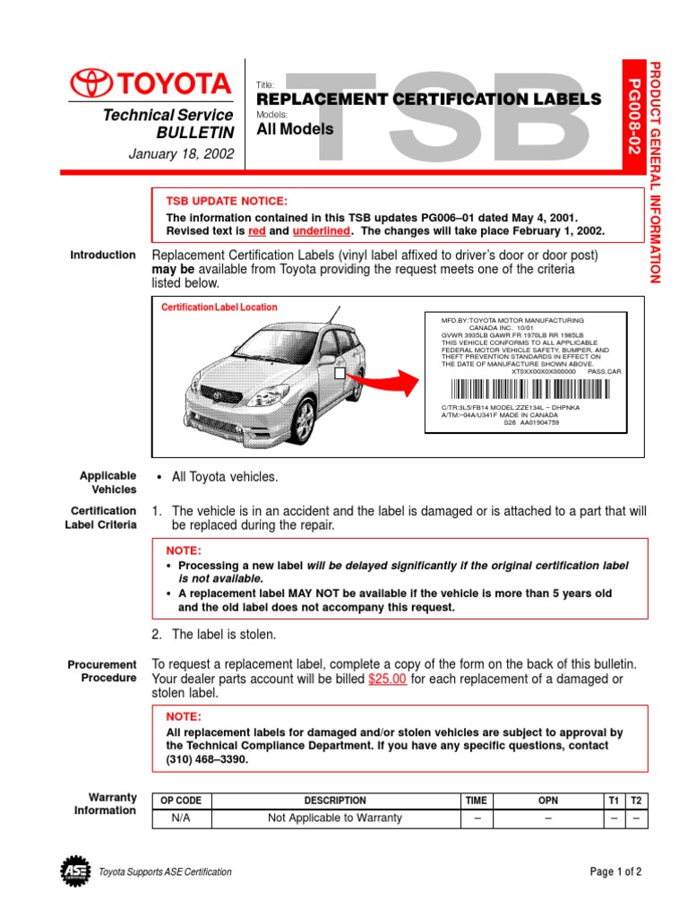 Toyota Replacement Certification Labels | PDF | Vehicles | Automobiles