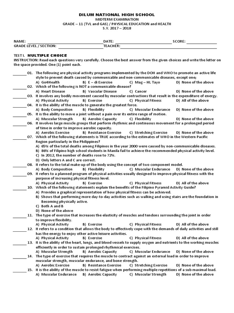 Grade 11 PE and Health Midterm Exam | PDF | Strength Training | Physical Fitness