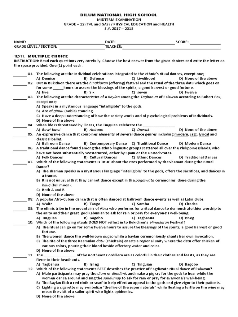 DNHS SHS Exam in PE and Health 12 (Midterm Exam SY 2017-2018) Answer ...
