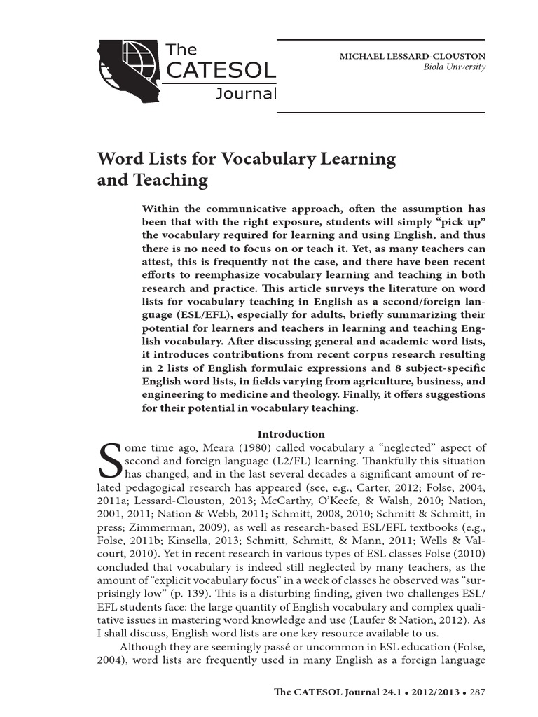 Vocabulary Word Lists for ESL Teaching | PDF | English As A Second Or ...