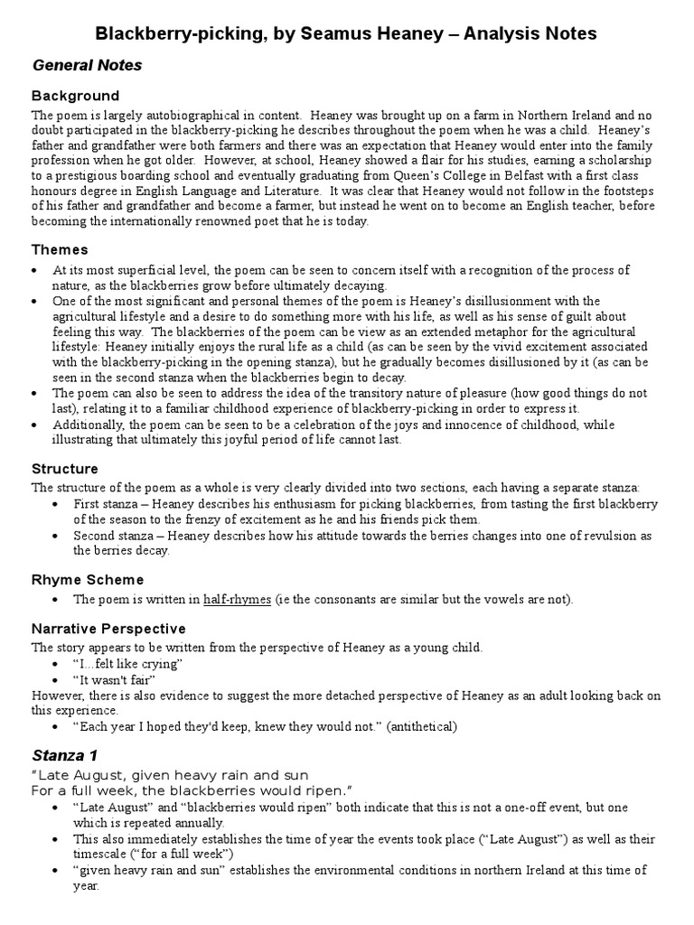 Blackberry-Picking - Analysis Notes.doc | Berry | Poetry