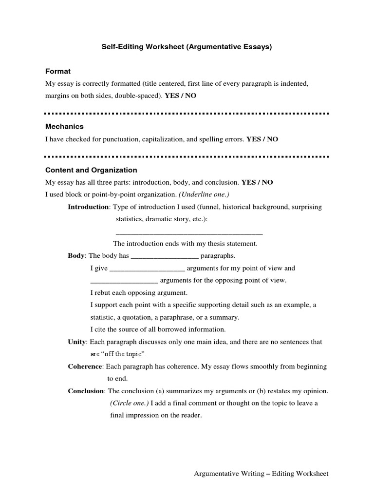 Self Edting Worksheet Argumentative Essays | PDF | Paragraph | Essays