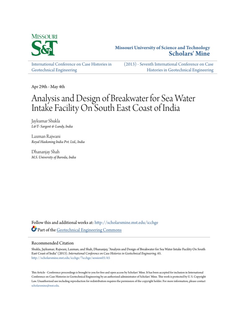 Analysis and Design of Breakwater For Sea Water Intake Facility O | PDF ...