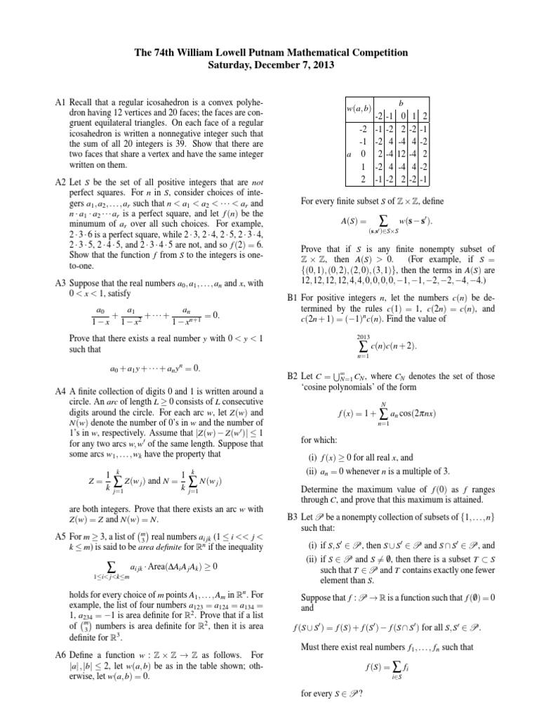 The 74th William Lowell Putnam Mathematical Competition Saturday ...