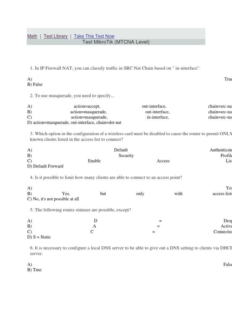 Test Mikrotik (Mtcna Level) | PDF | Ip Address | Router (Computing)