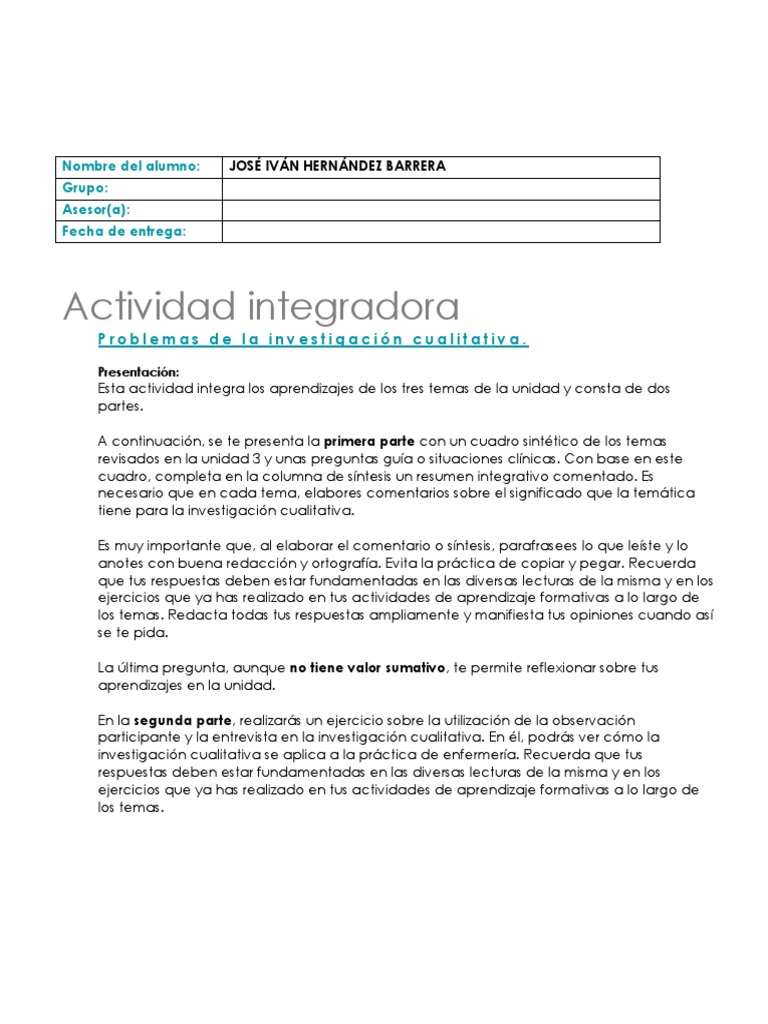Act Integ U3 | PDF | Investigación cualitativa | Enfermería