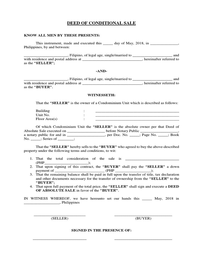 Deed of Conditional Sale | PDF | Deed | Ownership
