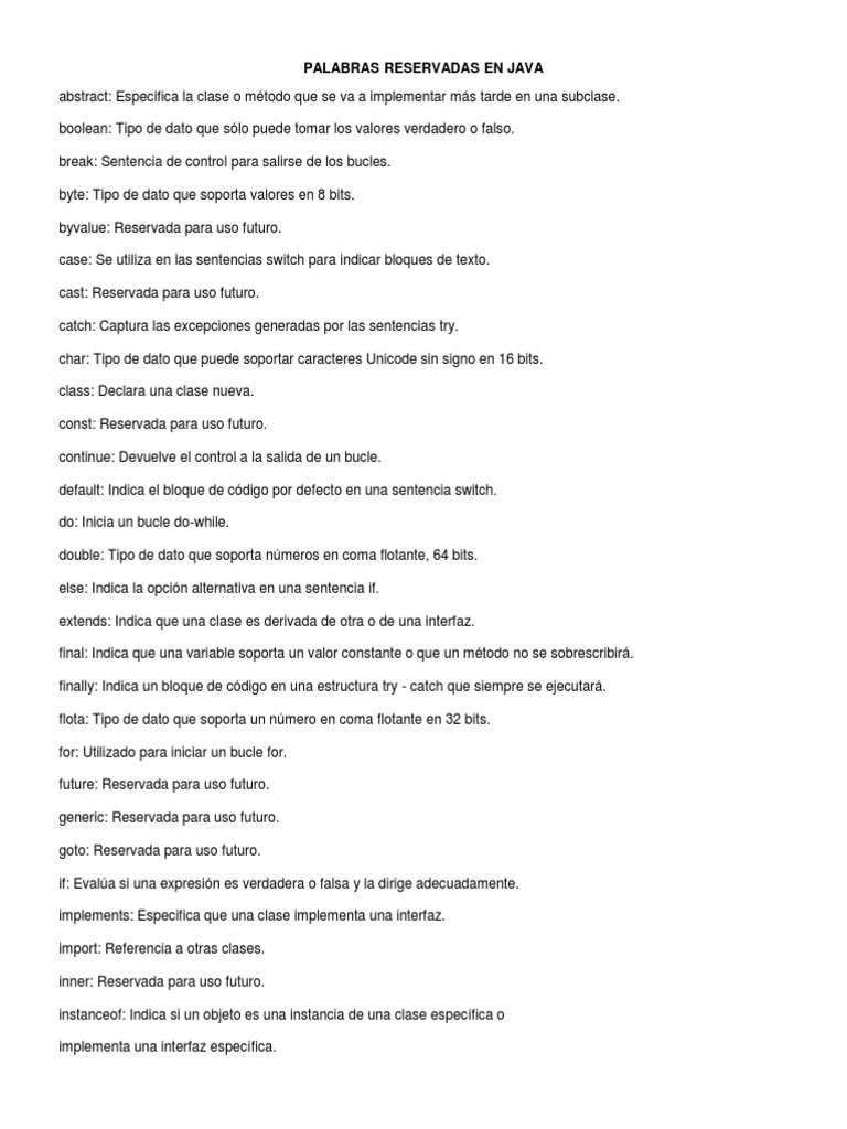 Palabras Reservadas en Java | PDF | Java (lenguaje de programación ...