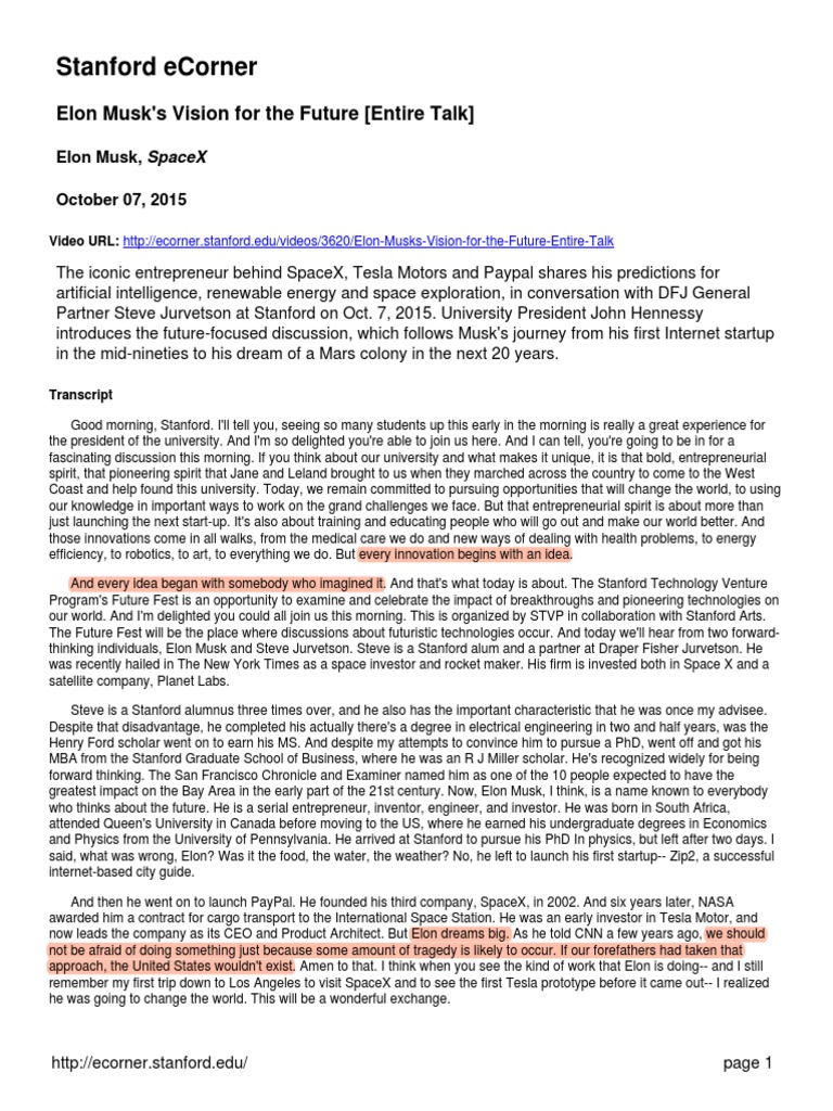 Elon Musk Vision For The Future | PDF | Elon Musk | Business