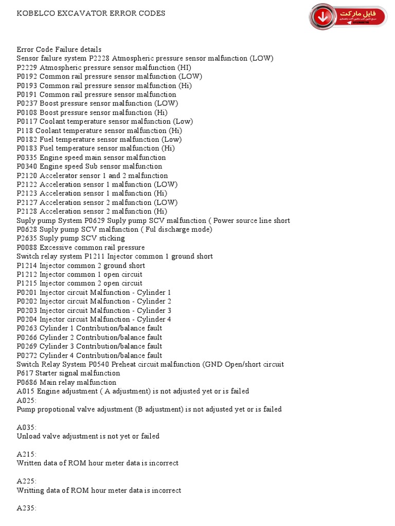 Kobelco Excavator Error Codes | PDF | Fuel Injection | Relay