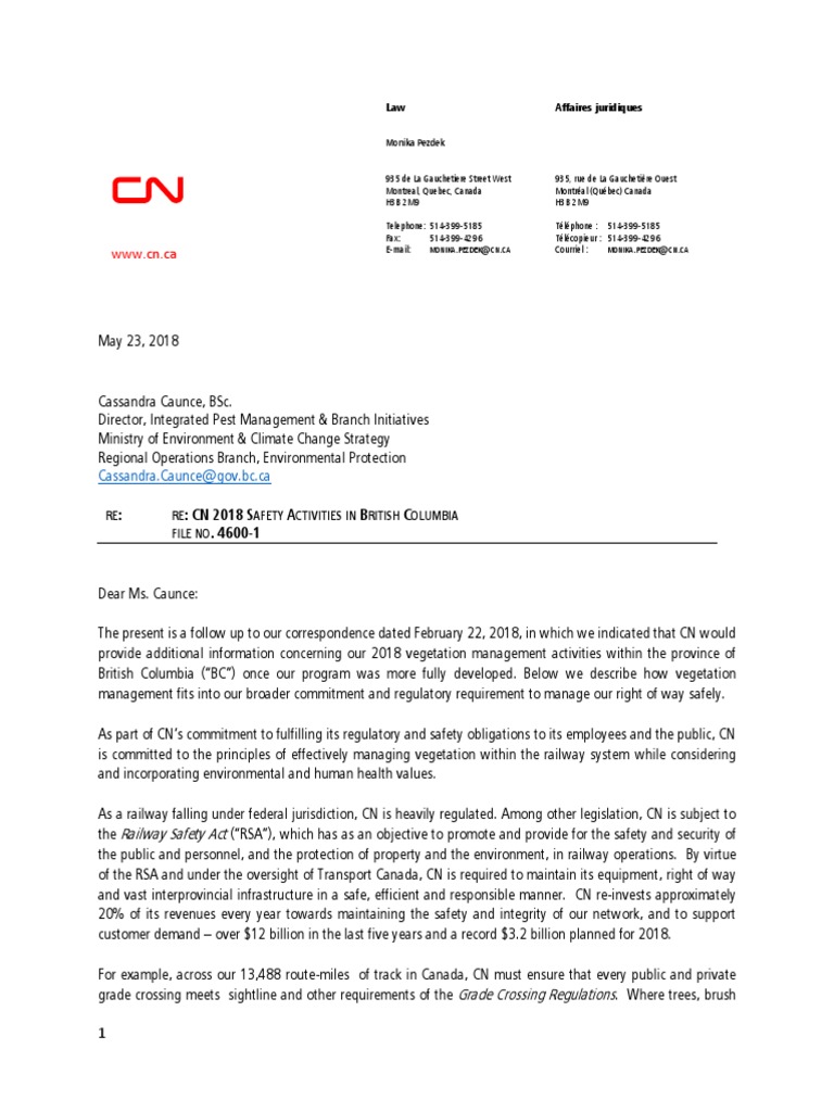 CN Rail Letter To BC MOE 2018-05-23 | PDF | Pesticide | Dangerous Goods