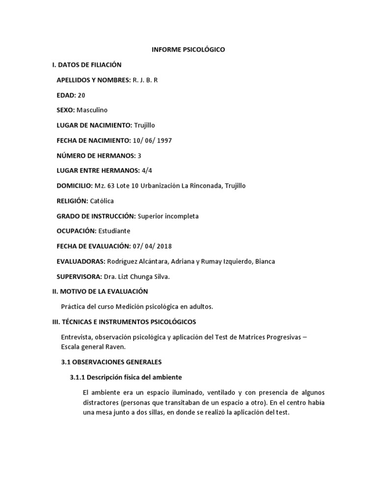 Ejemplo Informe Psicológico Raven | PDF | Razón | Sicología