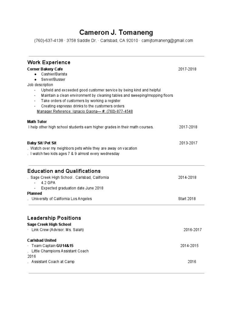 Cameron Tomaneng Resume | PDF | Behavior Modification