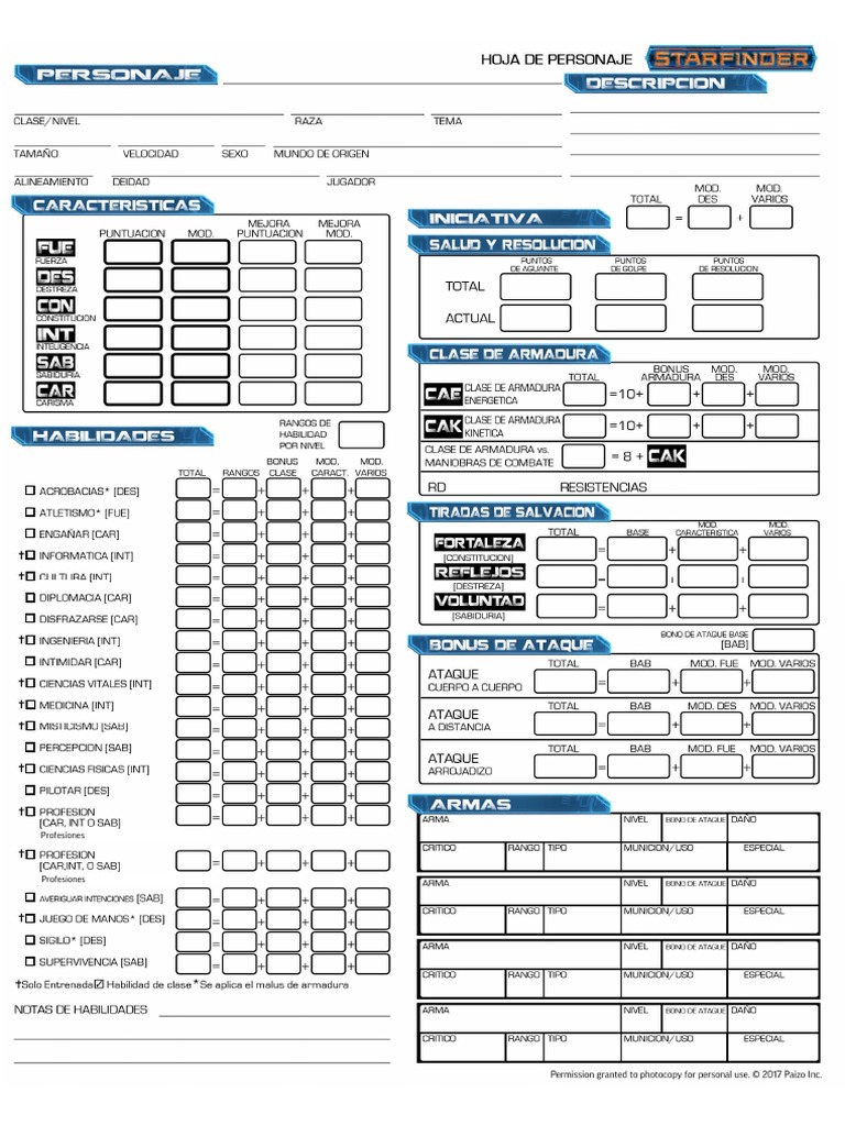 Starfinder Hoja de Personaje Rellenable PDF | PDF