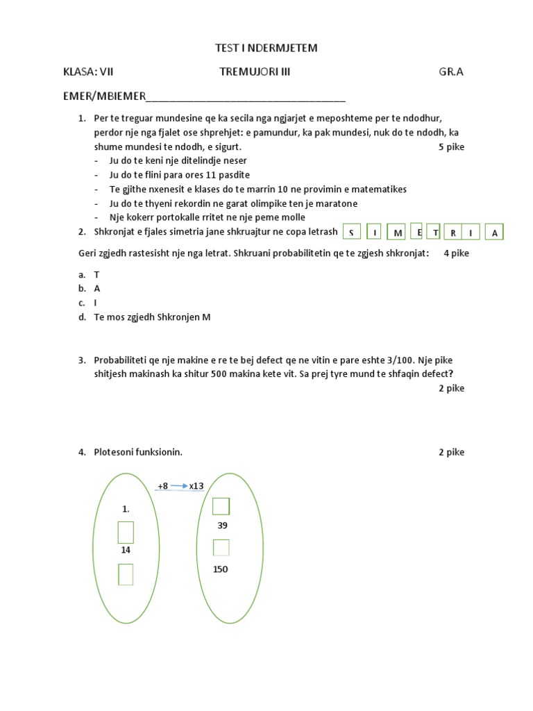 TEST I NDERMJETEM Matematike Vii Tremujori III | PDF